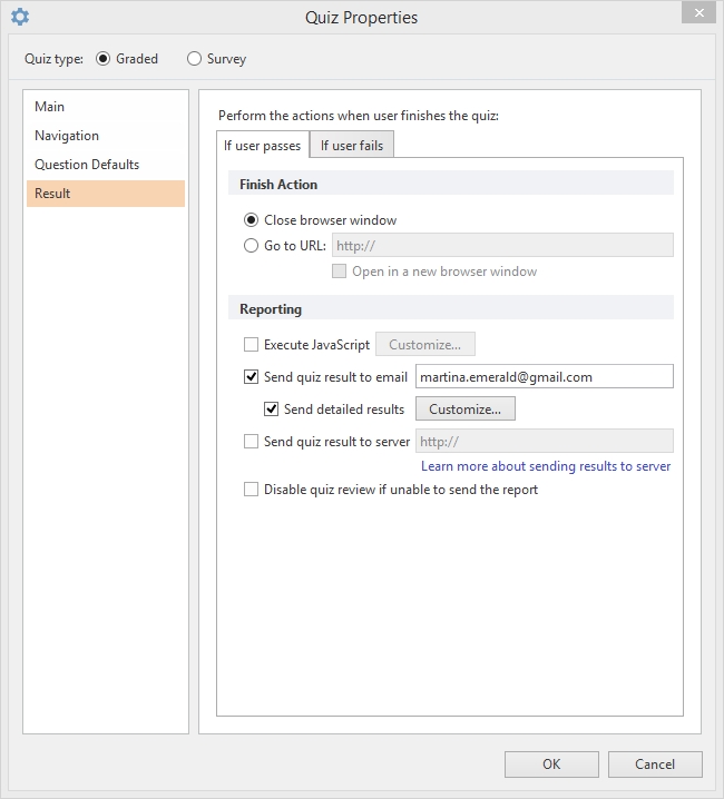 Setting quiz results tracking